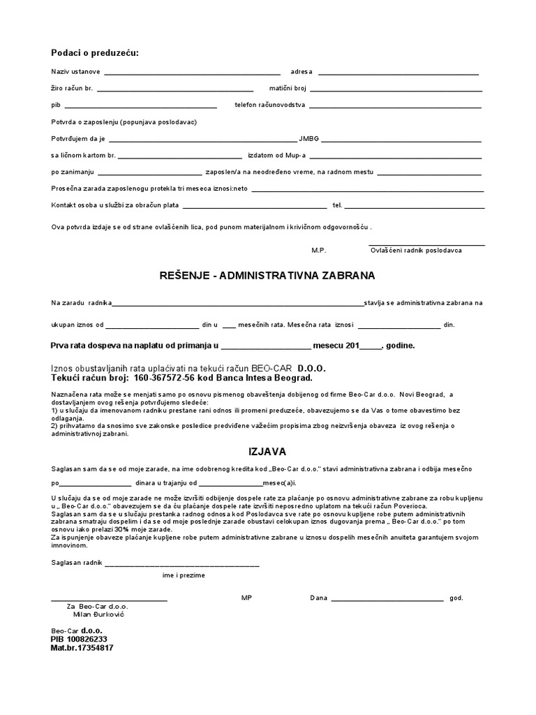 Rešenje - Administrativna Zabrana: Podaci o Preduzeću | PDF