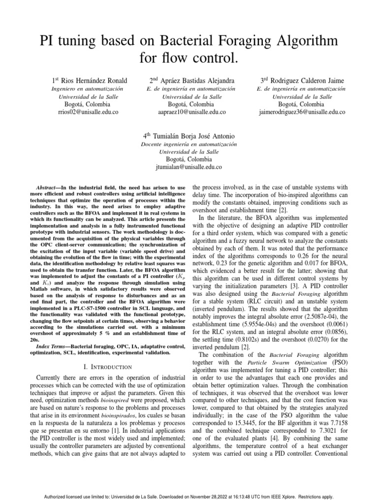 Pi Tuning Based On Bacterial Foraging Algorithm For Flow Control Pdf Control Theory 1410