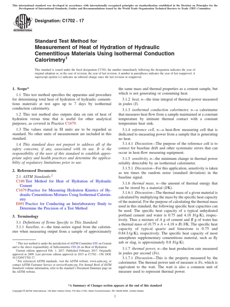 Standard Test Method For Measurement of Heat of Hydration of Hydraulic ...