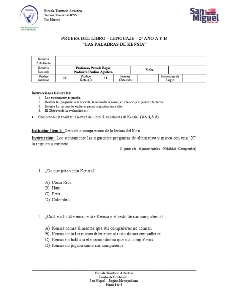 Prueba Del Libro Las Palabras de Kensia. | PDF