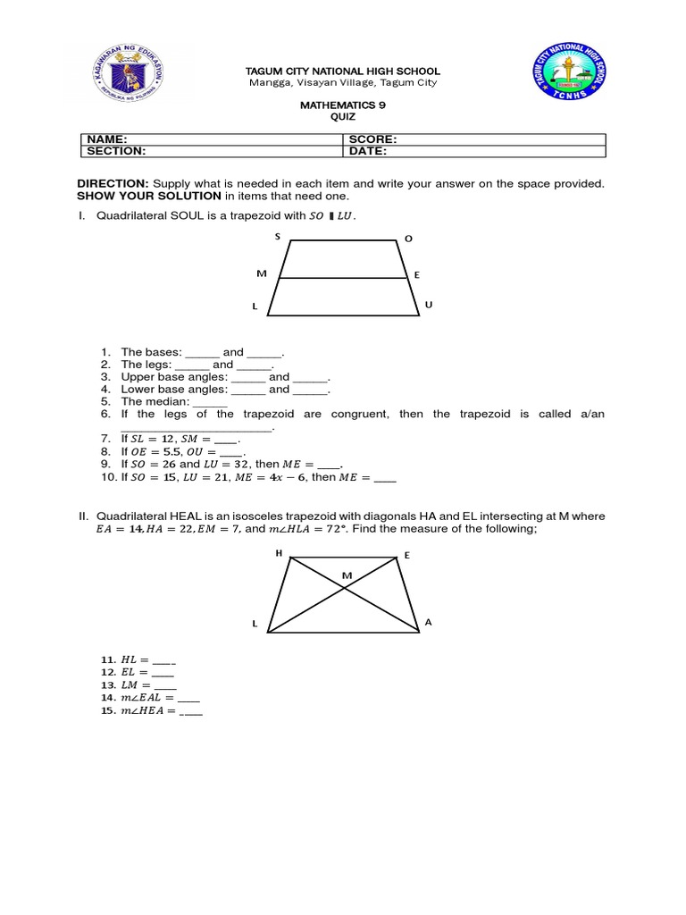 Trapezoid Quiz | PDF