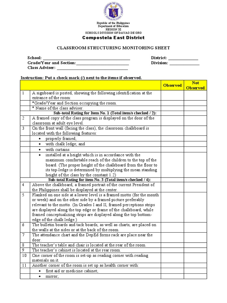 Classroom Structuring Monitoring Sheet | PDF | Classroom | Teachers