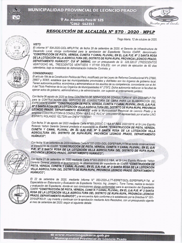 Resolución de Alcaldía N°570-2020-Mplp | PDF | Presupuesto | Sector privado