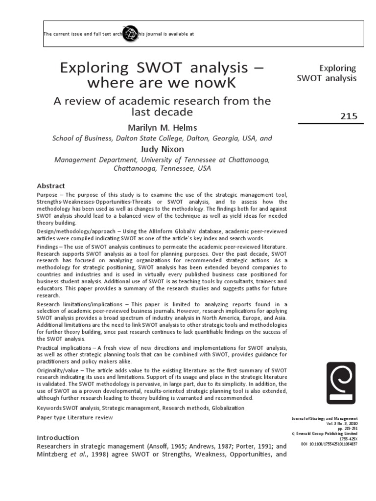 Exploring Swot Analysis - Where Are We Nowk: A Review of Academic ...