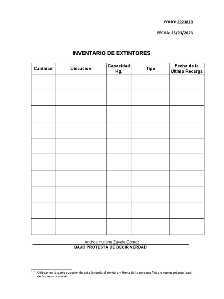 Inventario de Extintores: FOLIO: 2023019 FECHA: 23/03/2023 | PDF