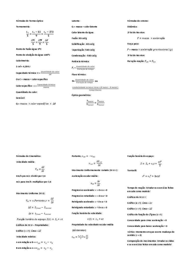 Fórmulas de Física: Termo-óptica e Dinâmica | PDF | Espelho | Aceleração