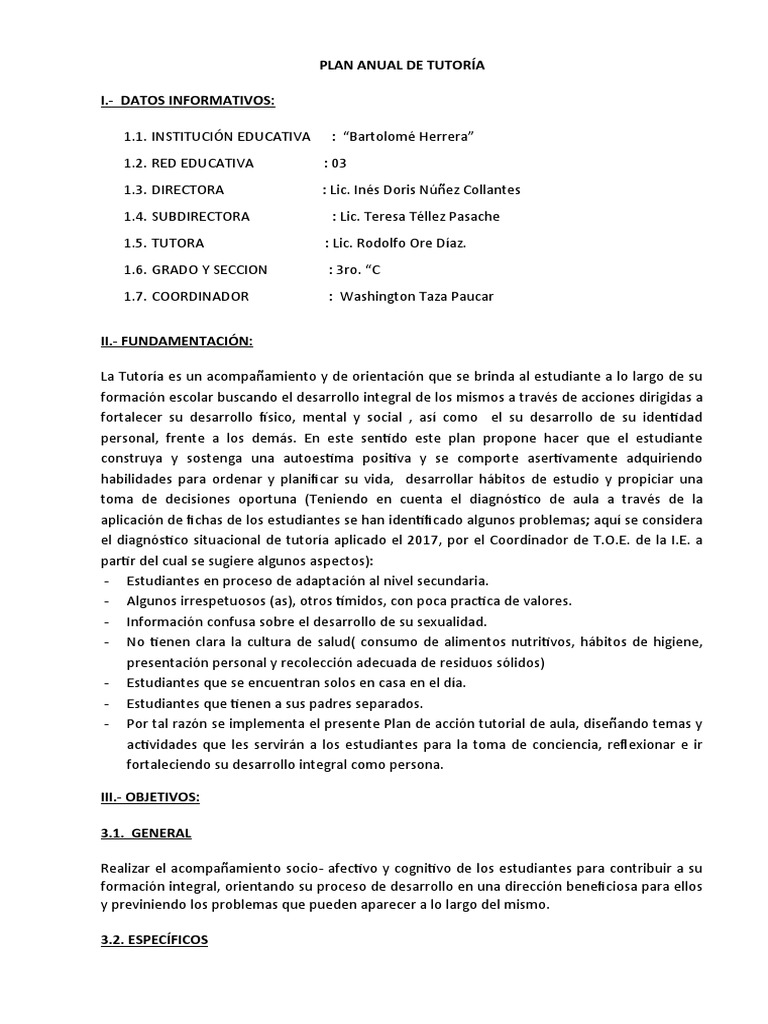 PLAN TUTORIAL DE AULA DEL 1ero. C SEMESTRAL | PDF | Salón de clases ...