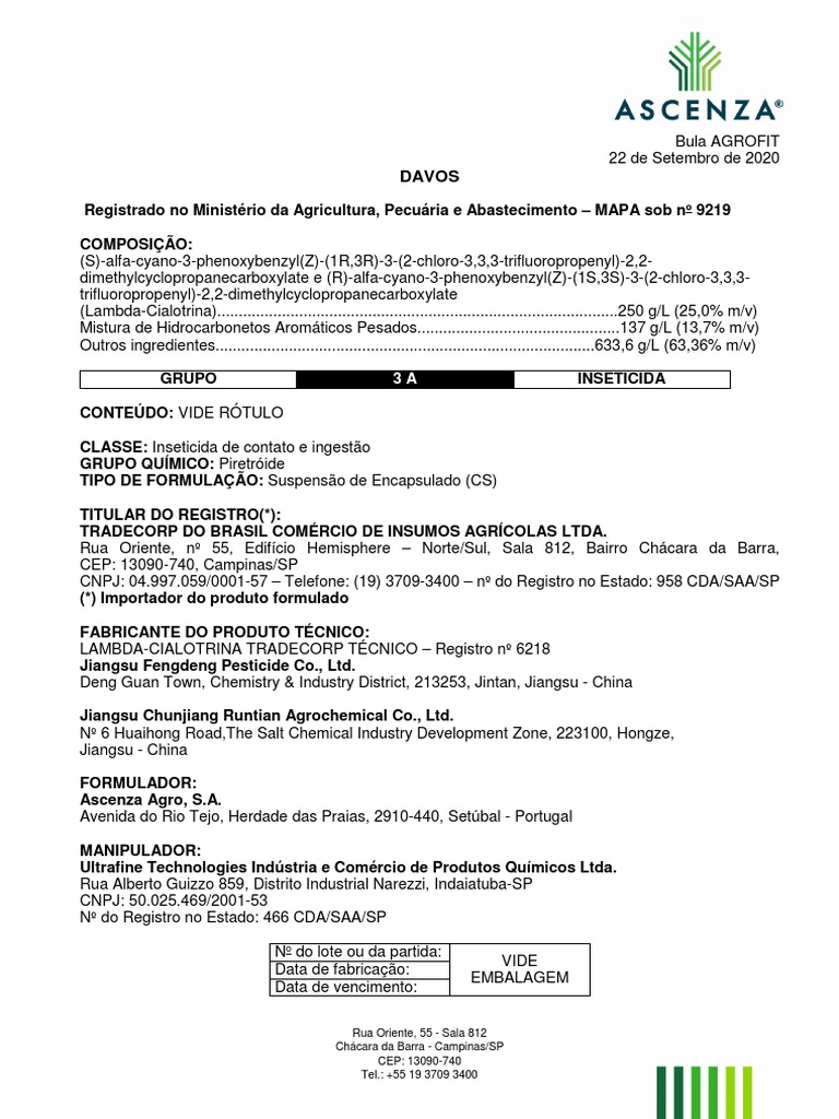 DAVOS - Bula Agrofit 22.09.20 | PDF | Inseticida | Agricultura