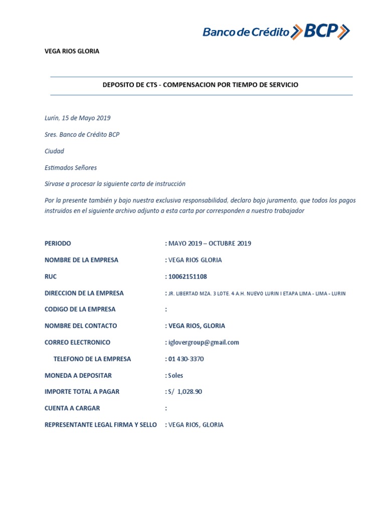 Carta para Deposito de CTS Nov-2019 | PDF
