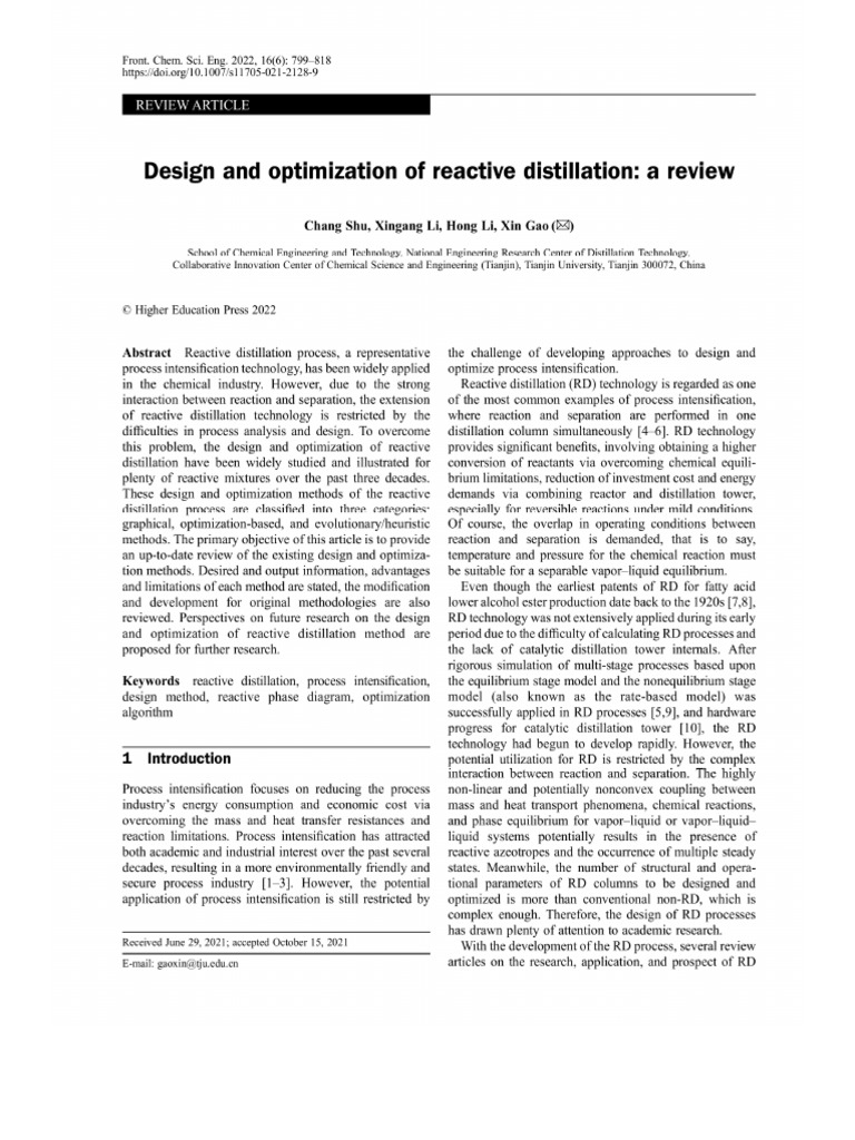 Design and Optimization of Reactive Distillation A Review-1 | PDF
