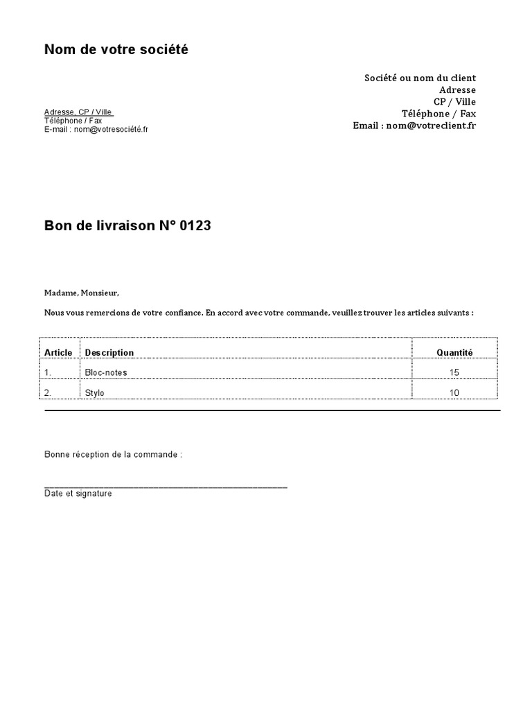 Modèle de bon de livraison simple | PDF