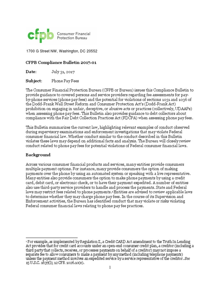 CFPB Compliance Bulletin 2017-01 Date: Subject | PDF | Fee | Credit Card