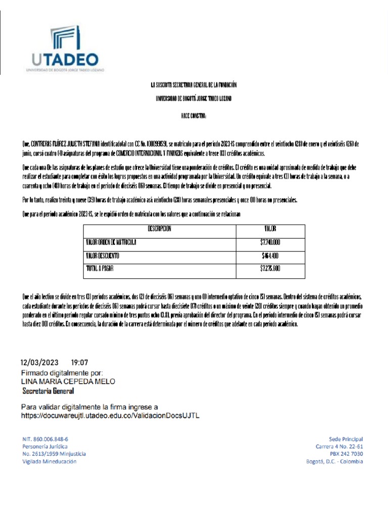 La Suscrita Secretaria General de La Fundación Universidad de Bogotá ...