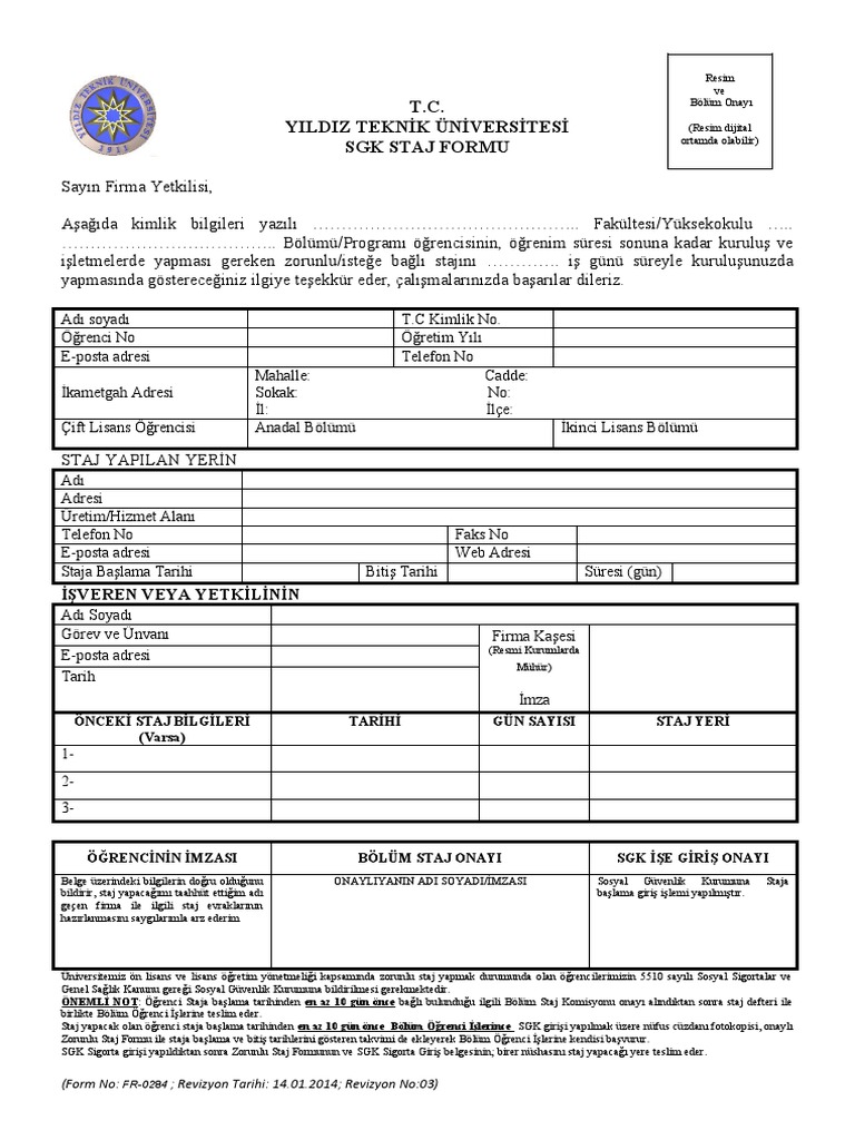 FR-0284-YTÜ SGK (Zorunlu Staj) Formu | PDF