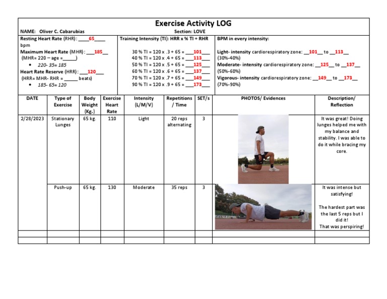 Sample Exercise Activity LOG | PDF | Heart Rate | Management Of Obesity