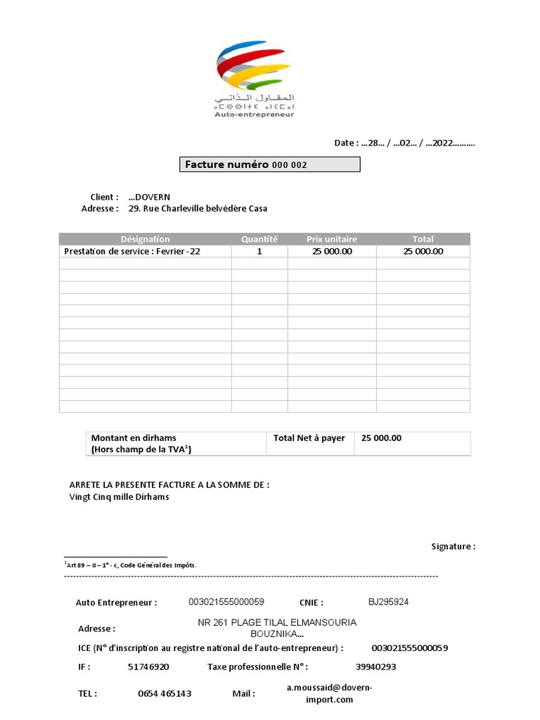 Modèle Facture Auto Entrepreneur FR | PDF | Micro-entrepreneur ...