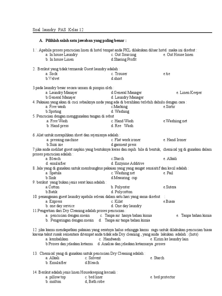 Soal PAS Laundry Kls 12 Des 22 | PDF