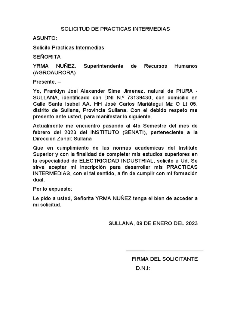 Solicitud de Practicas Intermedias | PDF