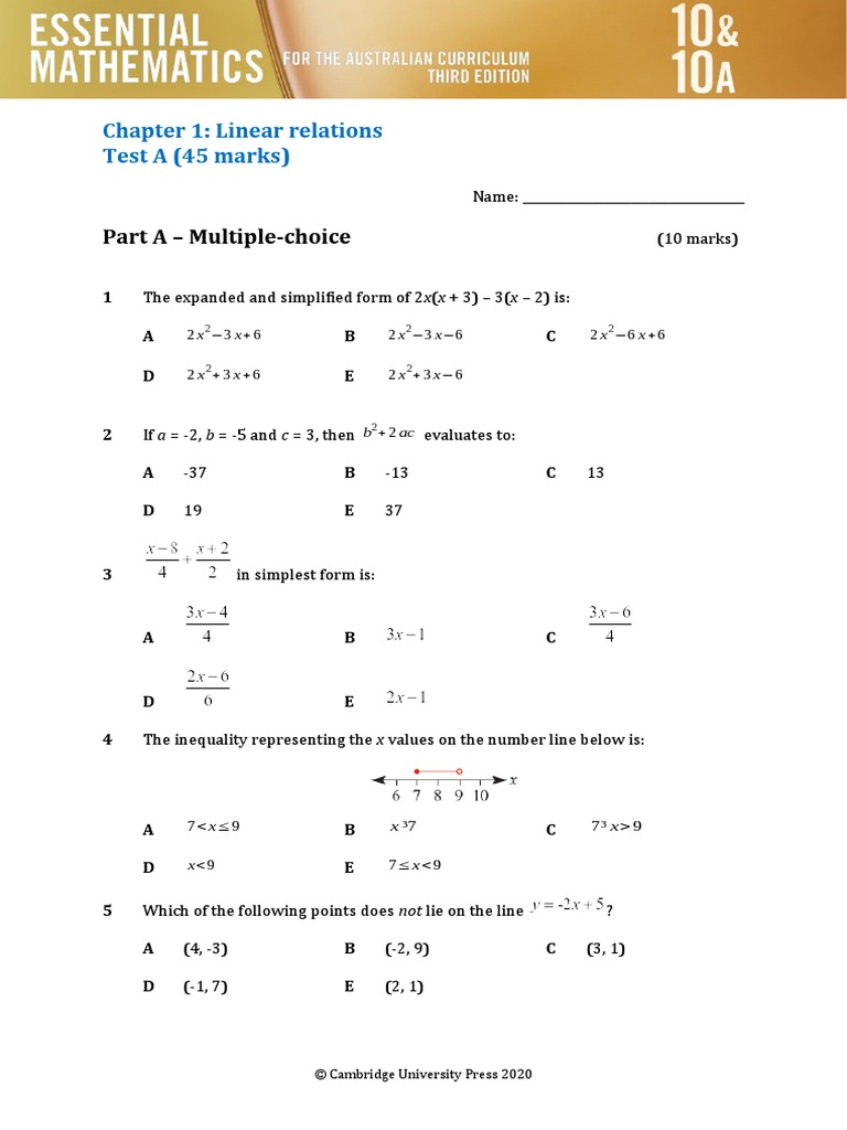 Chapter 1: Linear Relations Test A (45 Marks) : Part A - Multiple ...