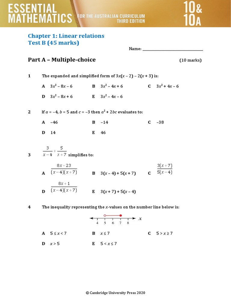 Chapter 1: Linear Relations Test B (45 Marks) : Part A - Multiple ...