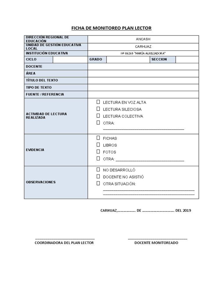 Ficha de Monitoreo Del Plan Lector | PDF