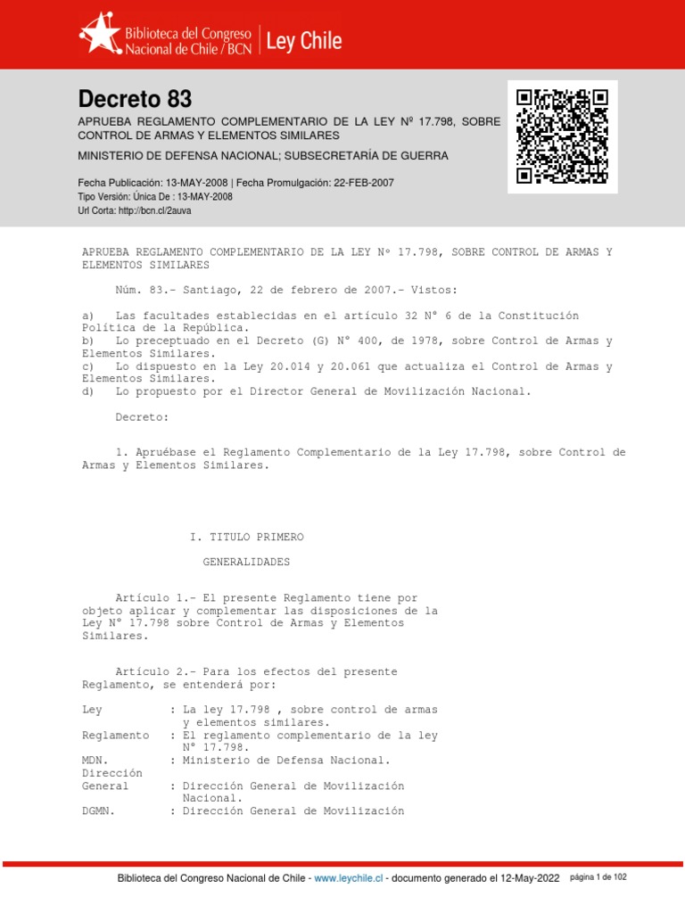 Decreto 83 - Aprueba Reglamento Complementario de La Ley #17.798, Sobre Control de Armas y ...