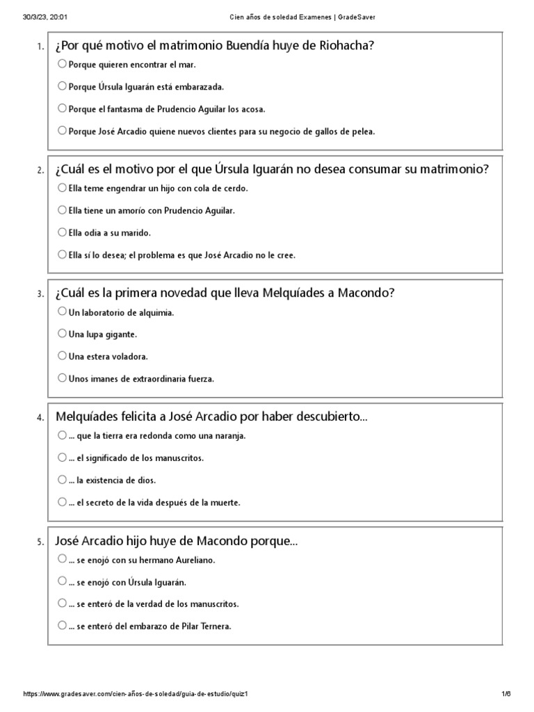 Cien años de soledad Examenes _ GradeSaver | PDF | Literatura ...