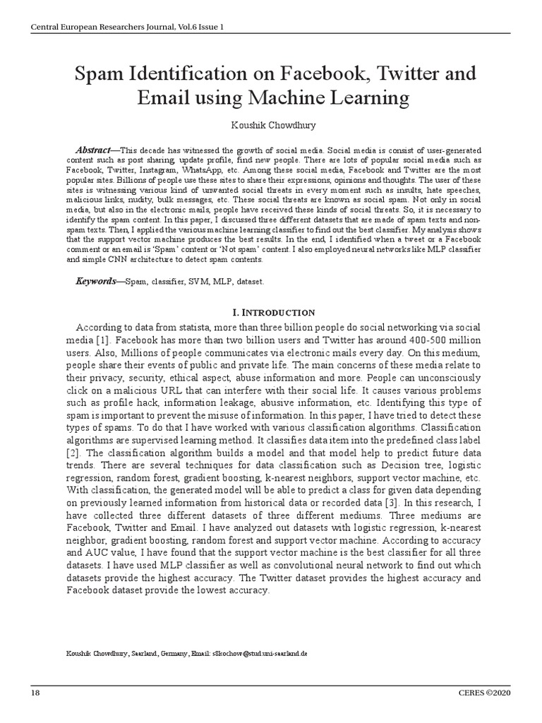 Spam Identification On Facebook, Twitter and Email Using Machine ...