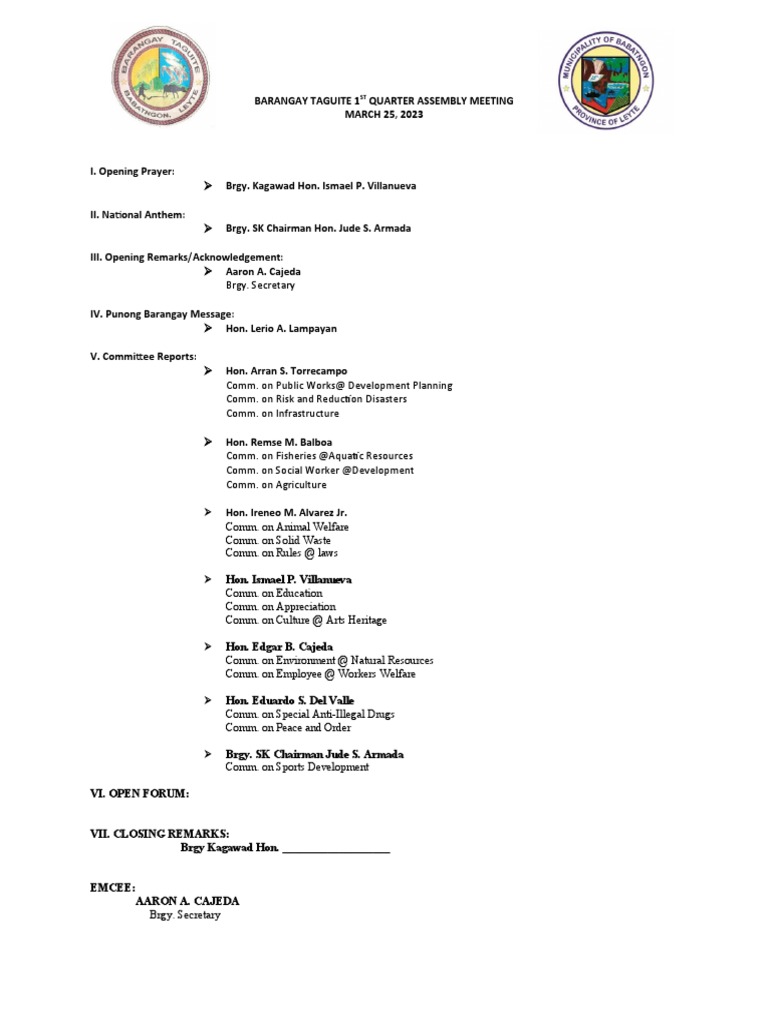Barangay Taguite 1ST Quarter Assembly Meeting | PDF