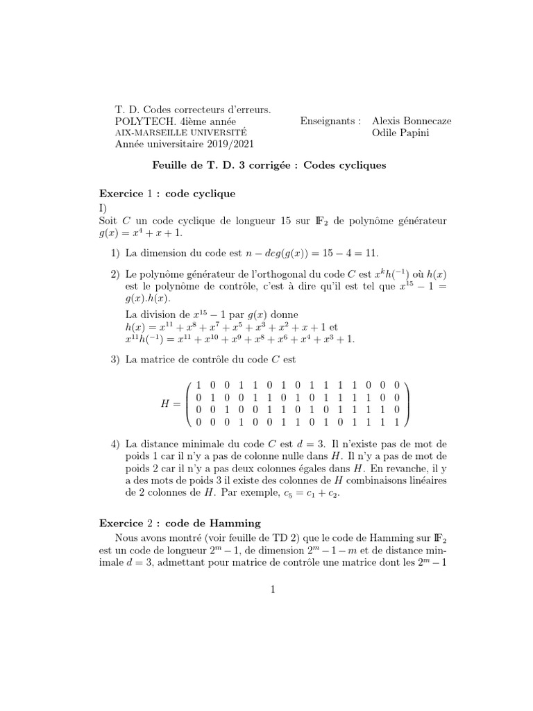 Codes Cycliques et BCH en Théorie des Codes | PDF | Algèbre générale ...