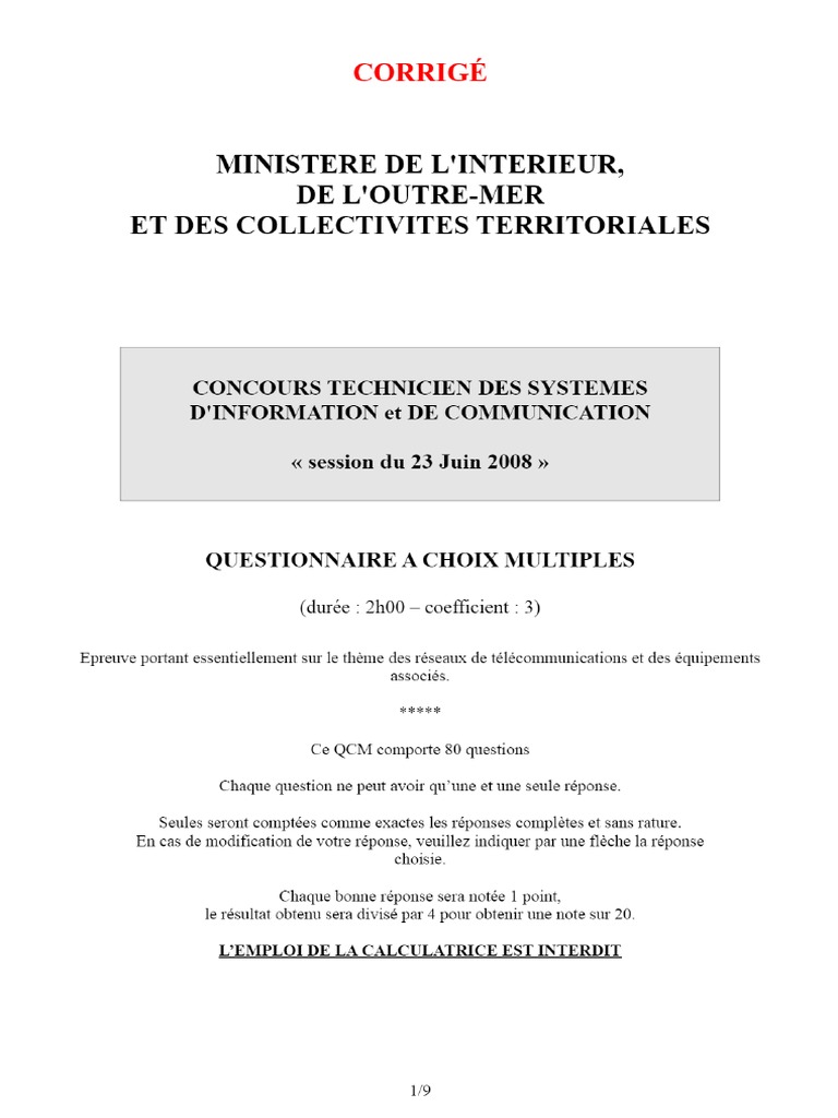 QCM Reseaux Corrige Interne 2008 | PDF