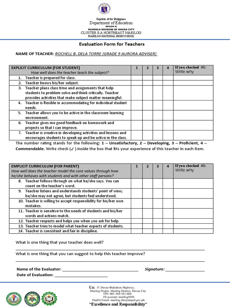 Teacher Evaluation Form Template | PDF | Teachers | Curriculum