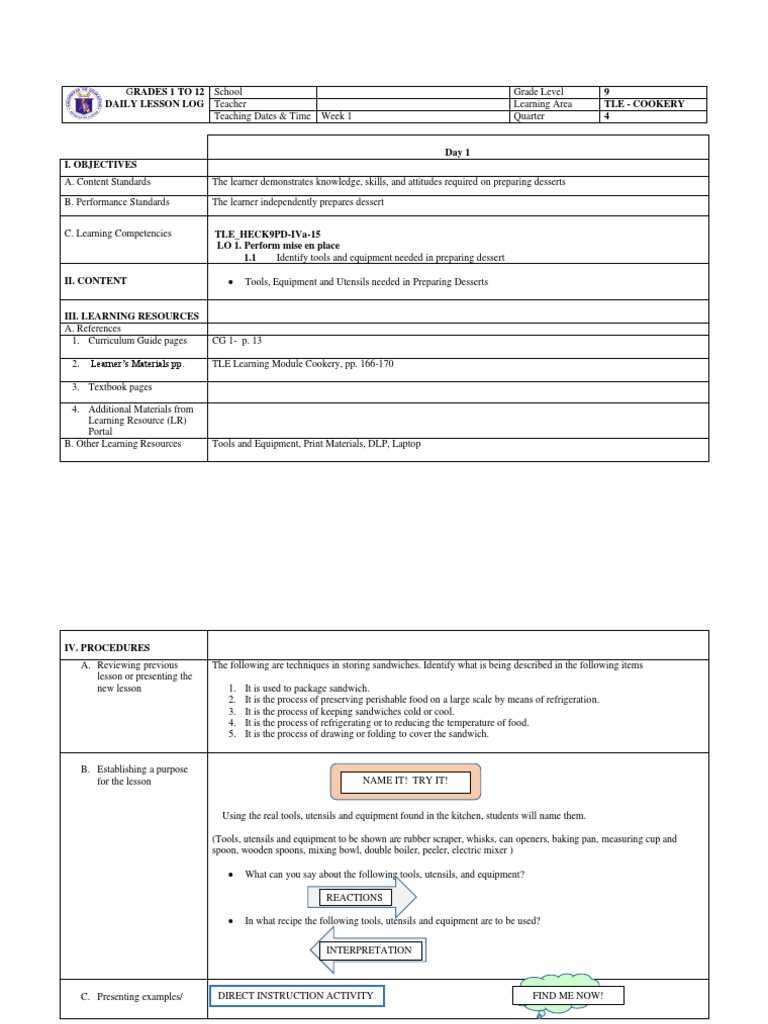 TLE 9 - DLL 1st Quarter | PDF | Kitchen Utensil | Learning