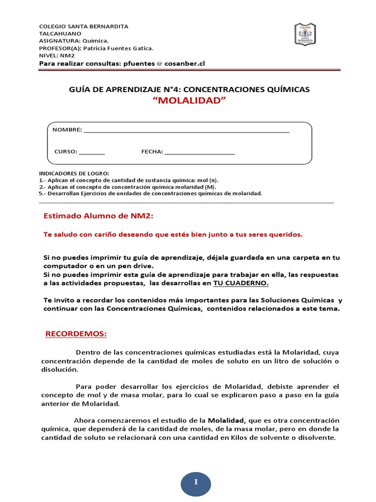 "Molalidad": Guía de Aprendizaje N°4: Concentraciones Químicas | PDF ...