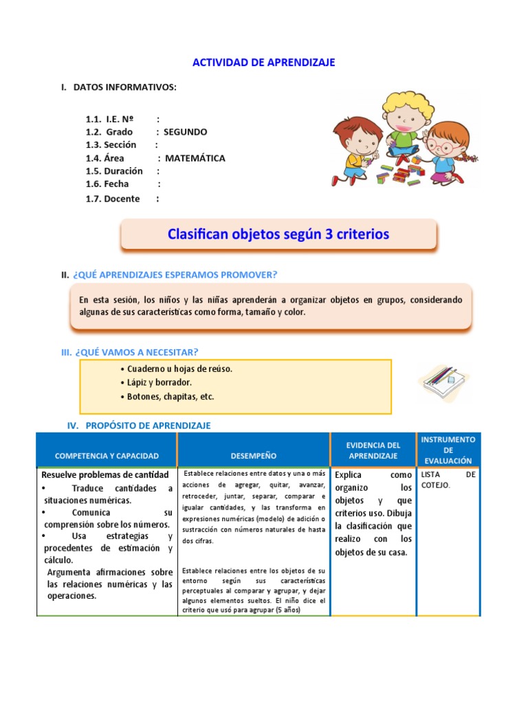 E1 A2 SESION MAT Clasifican Objetos Según 3 Criterios | PDF ...