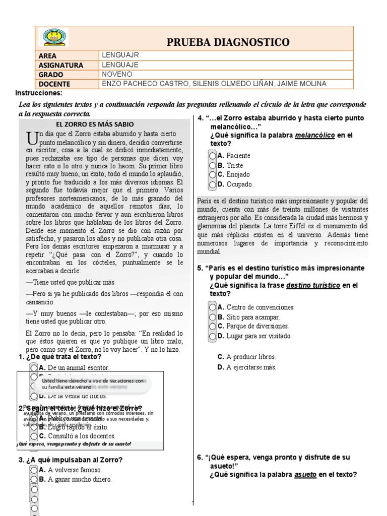 Prueba Diagnóstica de Lenguaje | PDF | Artes del Lenguaje y Comunicación