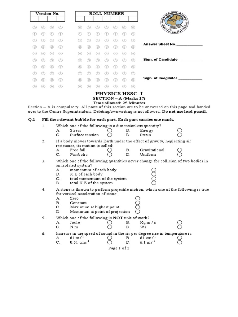 Phys HSSC 1 Model Paper | PDF | Angular Momentum | Force