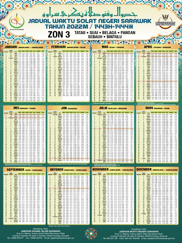 Jadual Waktu Solat Sarawak 2022 - Zon 3 | PDF