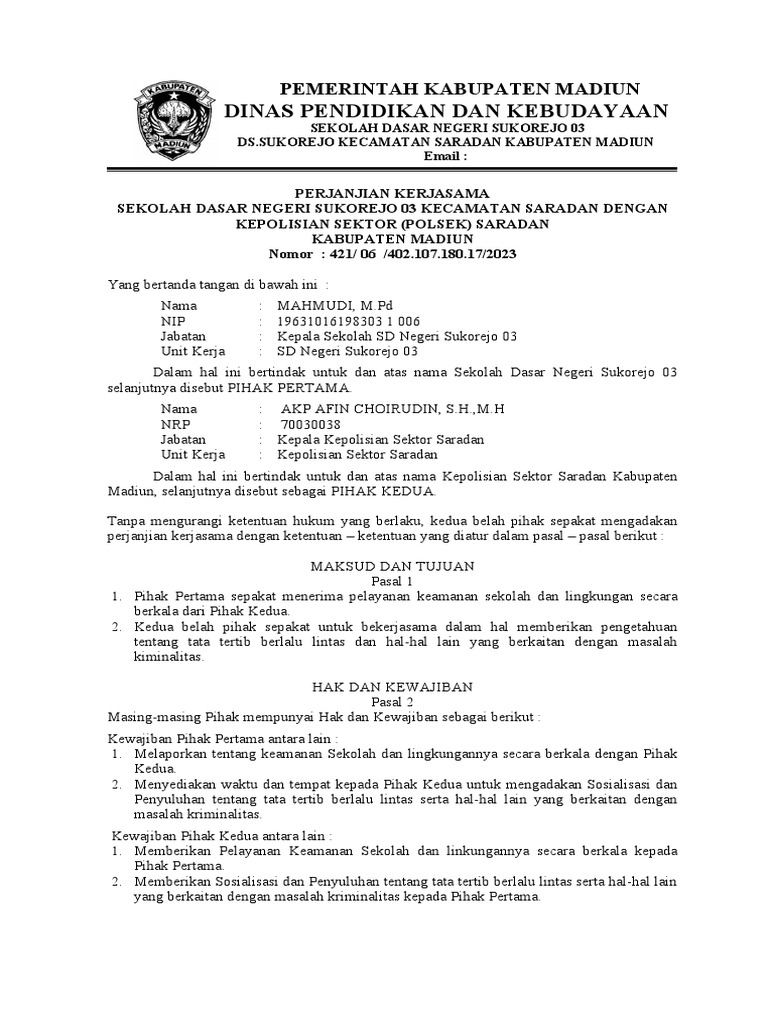 MOU PERJANJIAN KERJASAMA SEKOLAH POLSEK 2023 | PDF