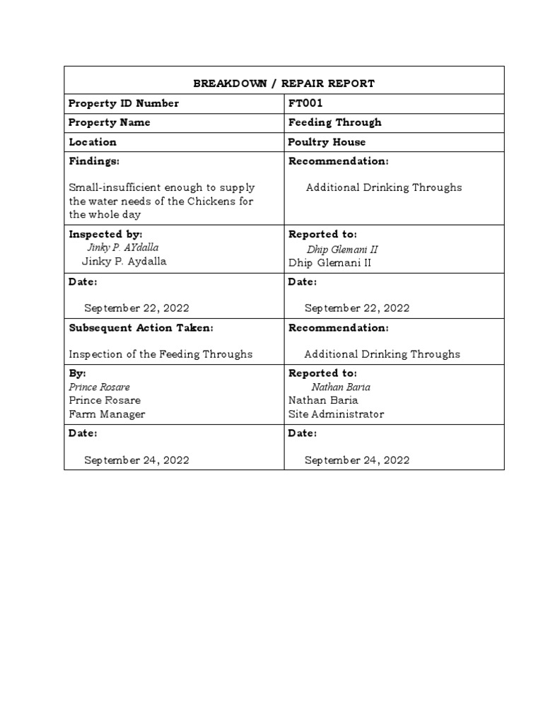 BREAKDOWNREPAIR REPORT - Jinky | PDF