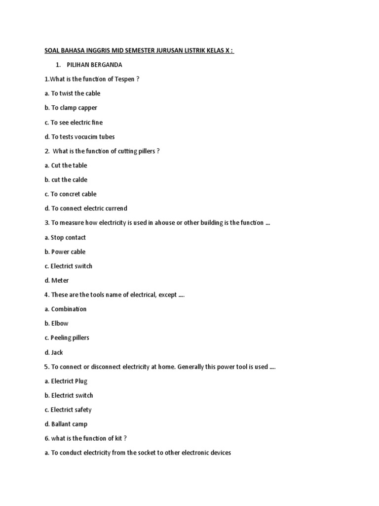 Soal Bahasa Inggris Mid Semester Jurusan Listrik Kelas X | PDF | Electrical Connector | Direct ...