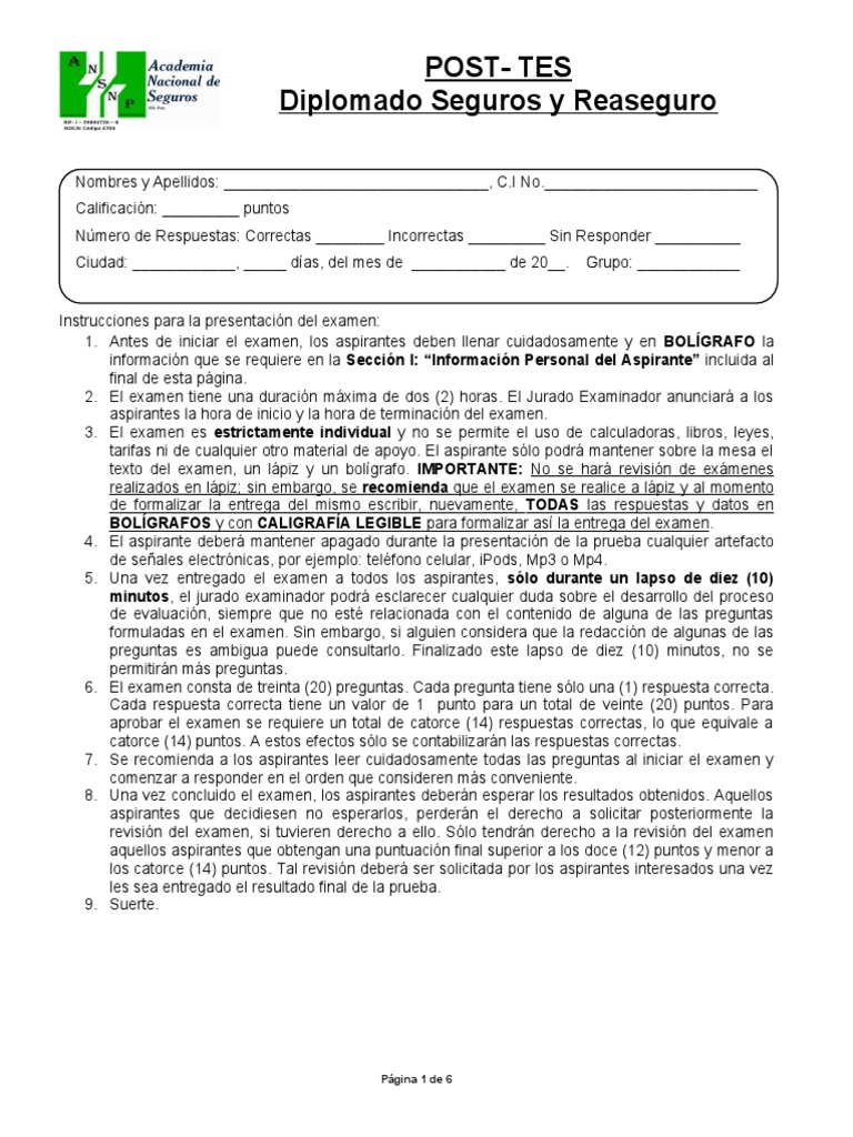Instrucciones Examen Seguros y Reaseguro | PDF | Seguro | Reaseguro