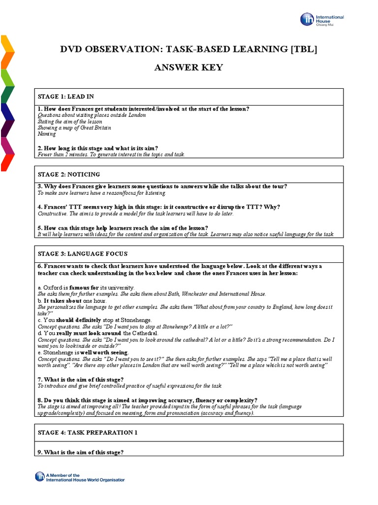 DVD Observation - Task-Based Learning (TBL) - TT Answer Key | PDF | Learning | Teachers