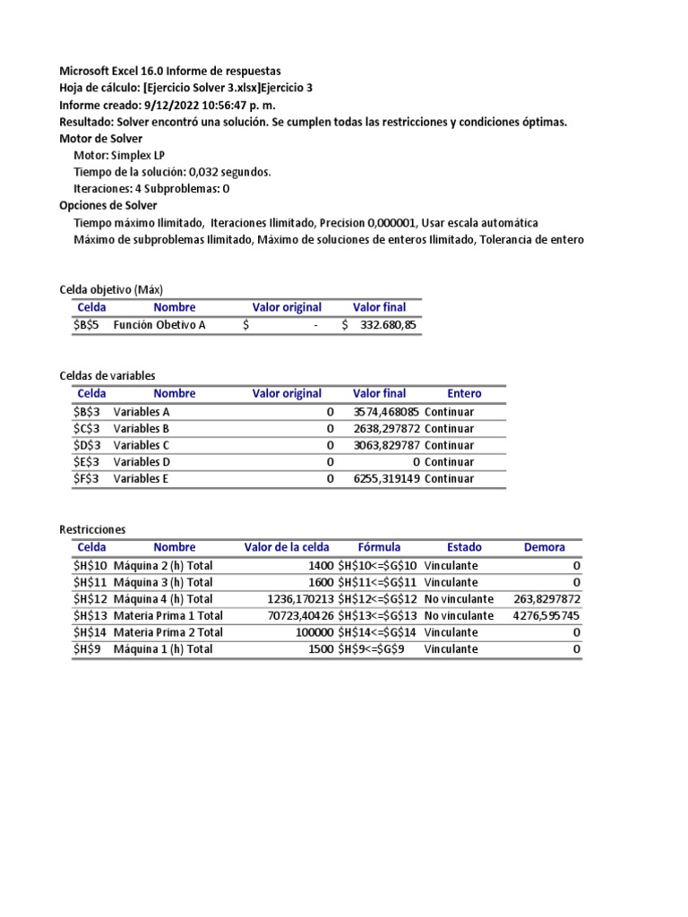 Informe Solver Excel: Ejercicio 3 | PDF | Microsoft | Desarrollo de software