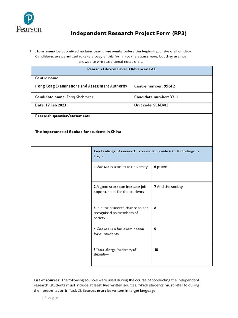 Independent Research Project Form (RP3) : Hong Kong Examinations and ...