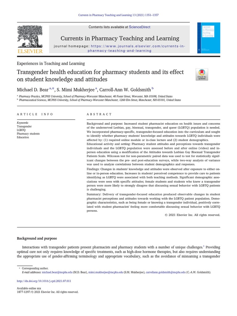 Transgender Health Education For Pharmacy Students and Its Effect | PDF ...