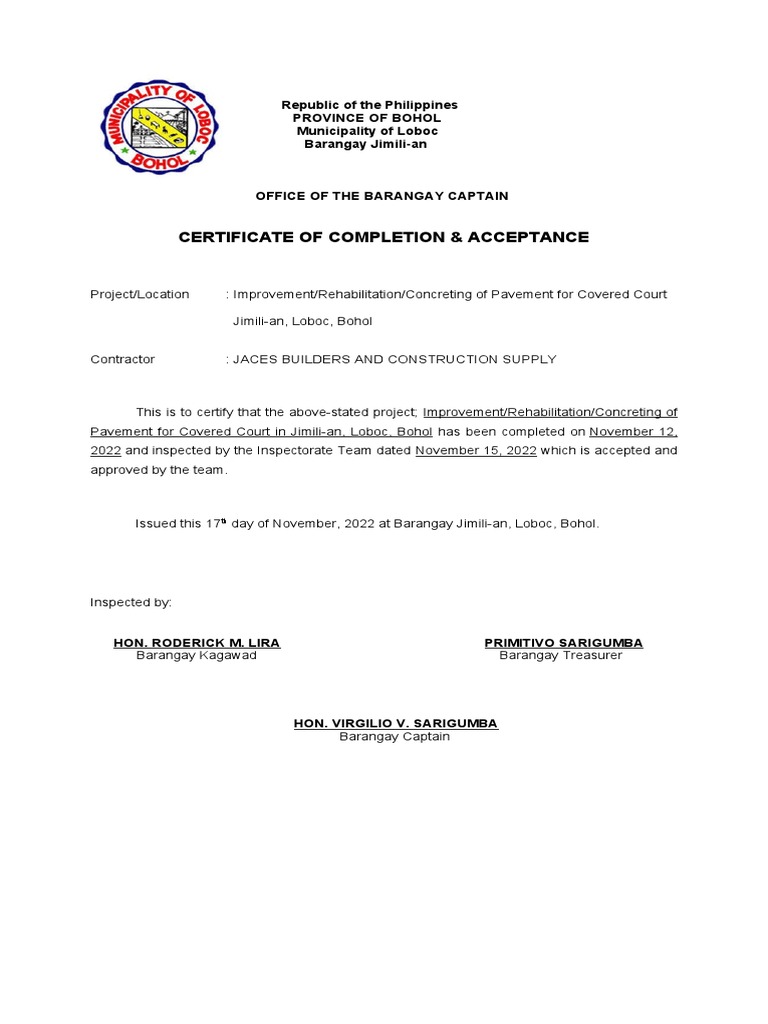 Certificate of Completion and Acceptance | PDF | Government | Civil Law ...