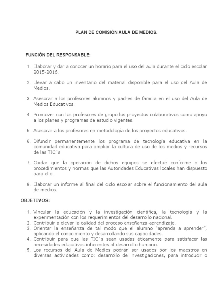 Plan de Comisión Aula de Medios | PDF | Salón de clases | Maestros