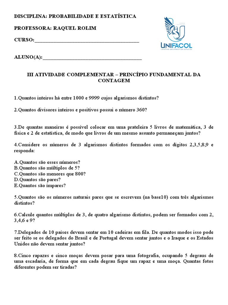 Iii Atividade Complementar - Principio Fundamental Da Contagem | PDF