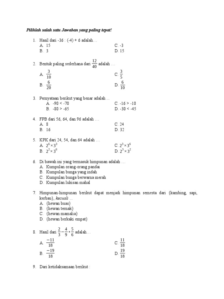SOAL PAS MTK Kelas 7 | PDF